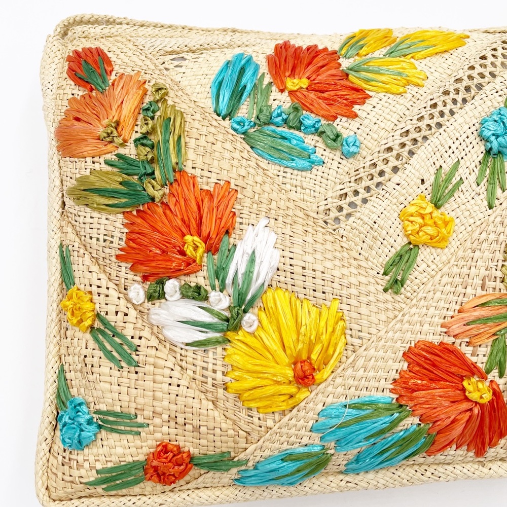 Vintage Jamaica Raffia Floral Embroidery Straw Bag - Gem